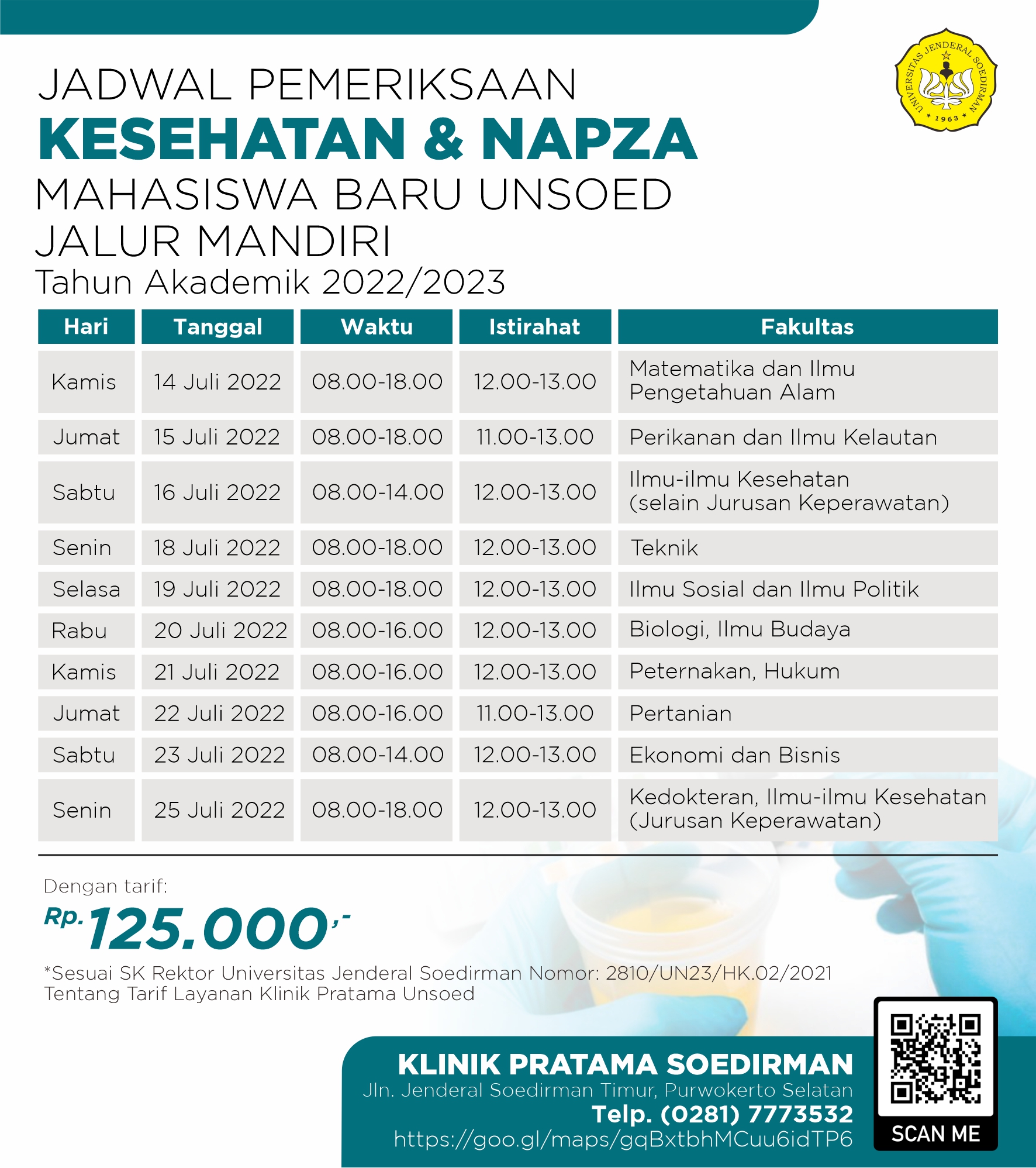 Jadwal Pemeriksaan Kesehatan & NAPZA Mahasiswa Baru UNSOED Jalur Mandiri Tahun Akademik 2022/ ...